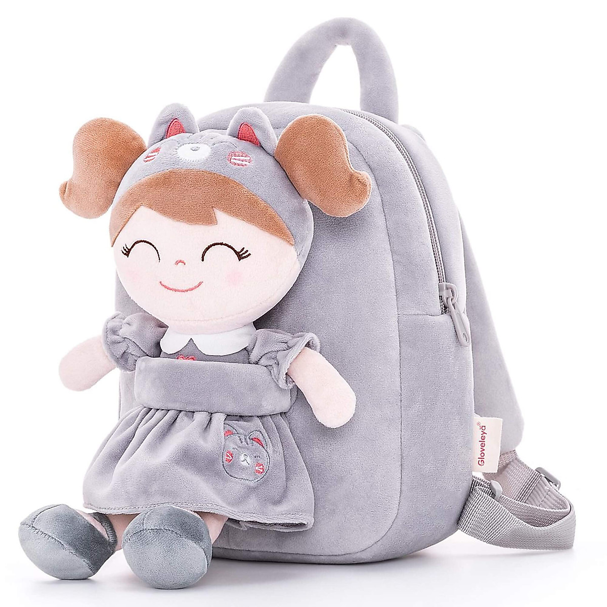 Gloveleya Kids Backpack Bundle - Grey Cat & Fox Plush Toddler Backpacks with Soft Animal Doll