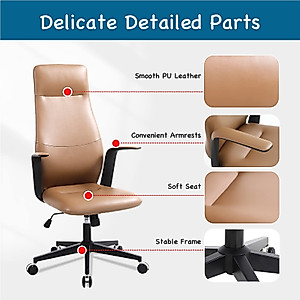 TUOFU Office Chair, Adjustable Height PU Leather Home Office Executive Chair, High-Back Modern Computer Desk Chair with Rolling Casters (Brown)