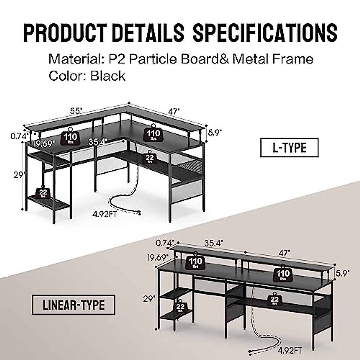 WASAGUN L Shaped Computer Desk, Reversible Corner Desk with Power Outlet, Gaming Table with Power Outlets,55 inch Corner Computer Desk with Monitor Stand Storage Shelves for Home Office Gamer Desk