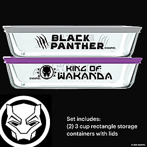 Pyrex 8-Pc Glass Food Storage Container Set, Includes (2) 4-Cup Round Glass Containers, (2) 3-Cup Rectangle Glass Containers, Meal Prep Containers with Lid, Disney's Marvel's Black Panther