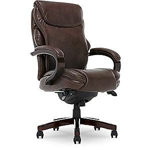 La-Z-Boy Hyland Executive Office Chair with AIR Technology, Adjustable High Back Ergonomic Lumbar Support, Mahogany Wood Finish, Bonded Leather, Brown