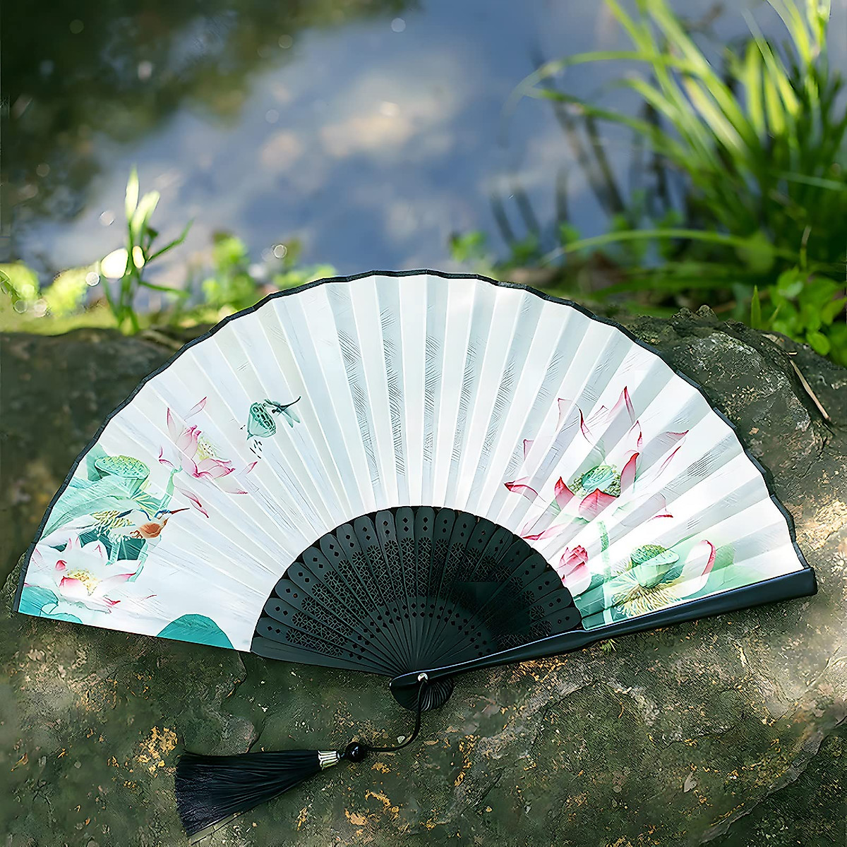 RAN Imitated Silk Fabric Folding Fan with Lotus Print, Elegant Woman Bamboo Folding Pocket Purse Hand Fan with Tassel (Color : Multi-Colored, Size : 9.1")