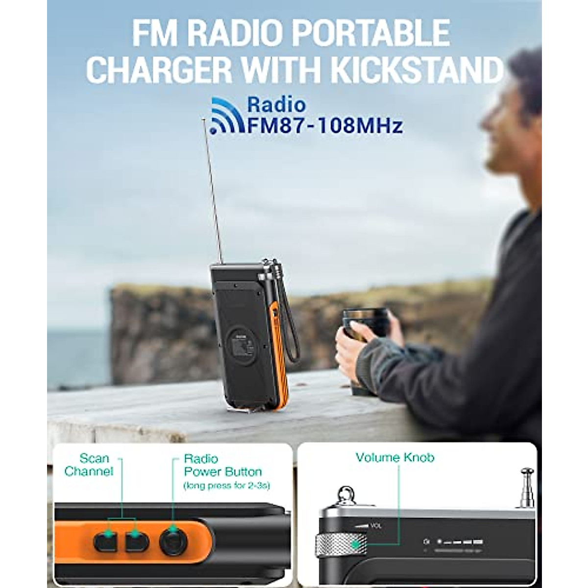 BLAVOR Solar Power Bank with FM Radio,Portable Wireless Charger 20000mAh External Battery Pack 15W QC 3.0 Fast Charging,Bright Flashlight, Compatible with Smartphones and All USB Devices (Orange)