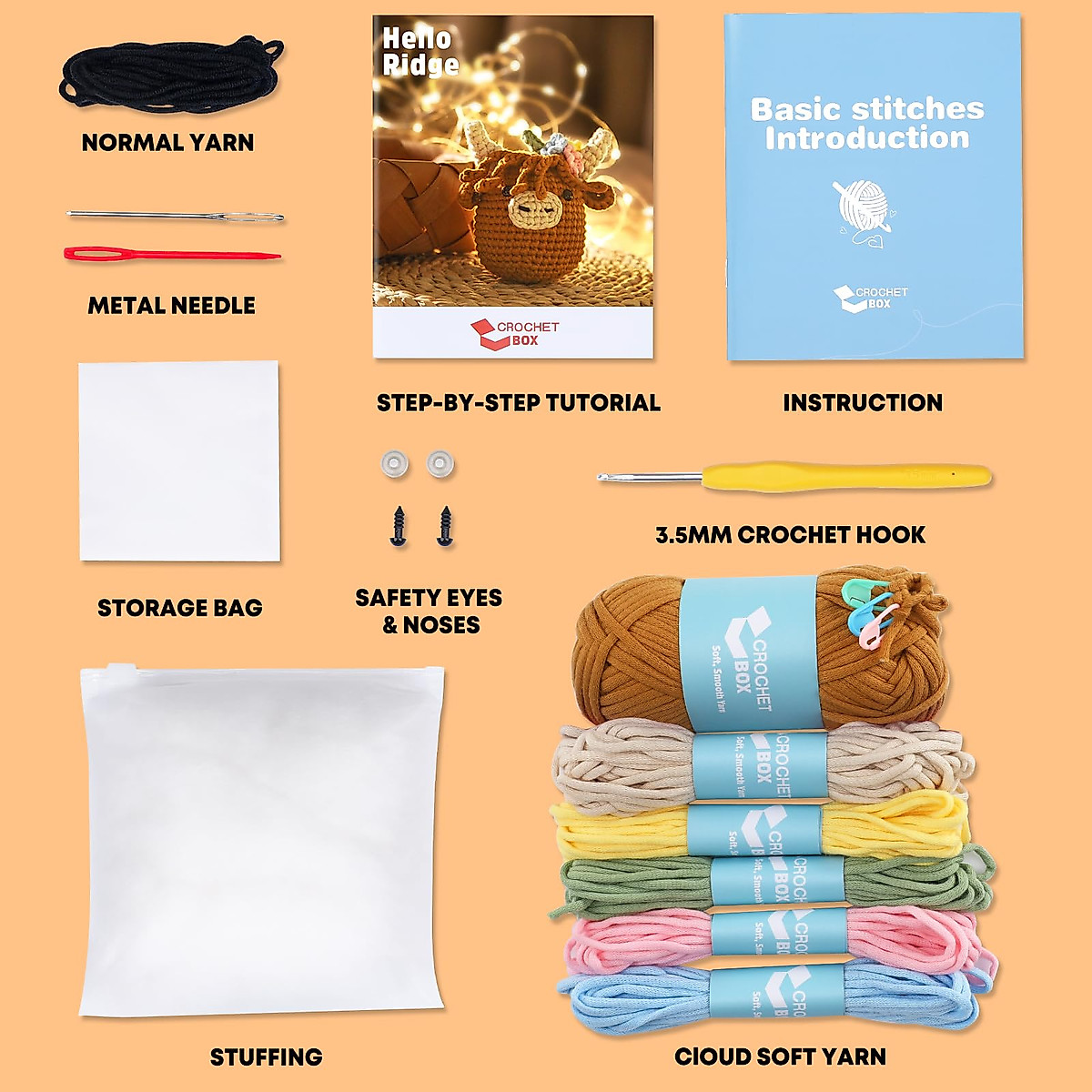 Crochet Kit for Beginners: Highland Cow Crochet Kit, Starter Crochet Kit, Include Easy Knitting Soft Yarn, Step-by-Step Video Tutorial, Hook, Birthday Gift for Adults and Kids(30%+ Yarn)