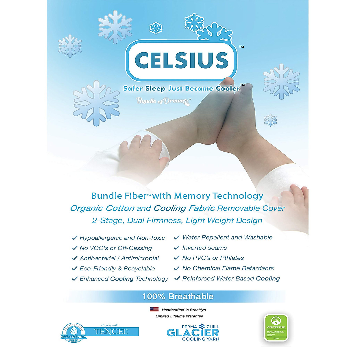 Bundle of Dreams Celsius Organic Cotton 2- Stage 6" Bundle Fiber™ Crib Mattress with Cooling Technology, 2" Firm Edge Guard