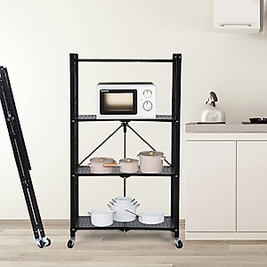 YSSOA HealSmart 4-Tier Heavy Duty Foldable Metal Rack Storage Shelving Unit with Wheels Moving Easily Organizer Shelves Great for Garage Kitchen, Black