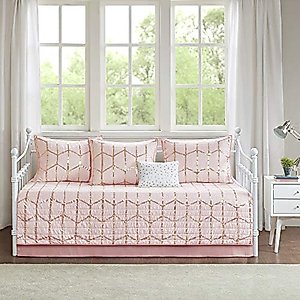 Intelligent Design Raina Cozy Daybed Cover Set - Microfiber Metallic Print Geometric Design, Modern All Season Bedding Set with Bedskirt, Matching Shams, Decorative Pillow, 39"x75", Blush 6 Piece