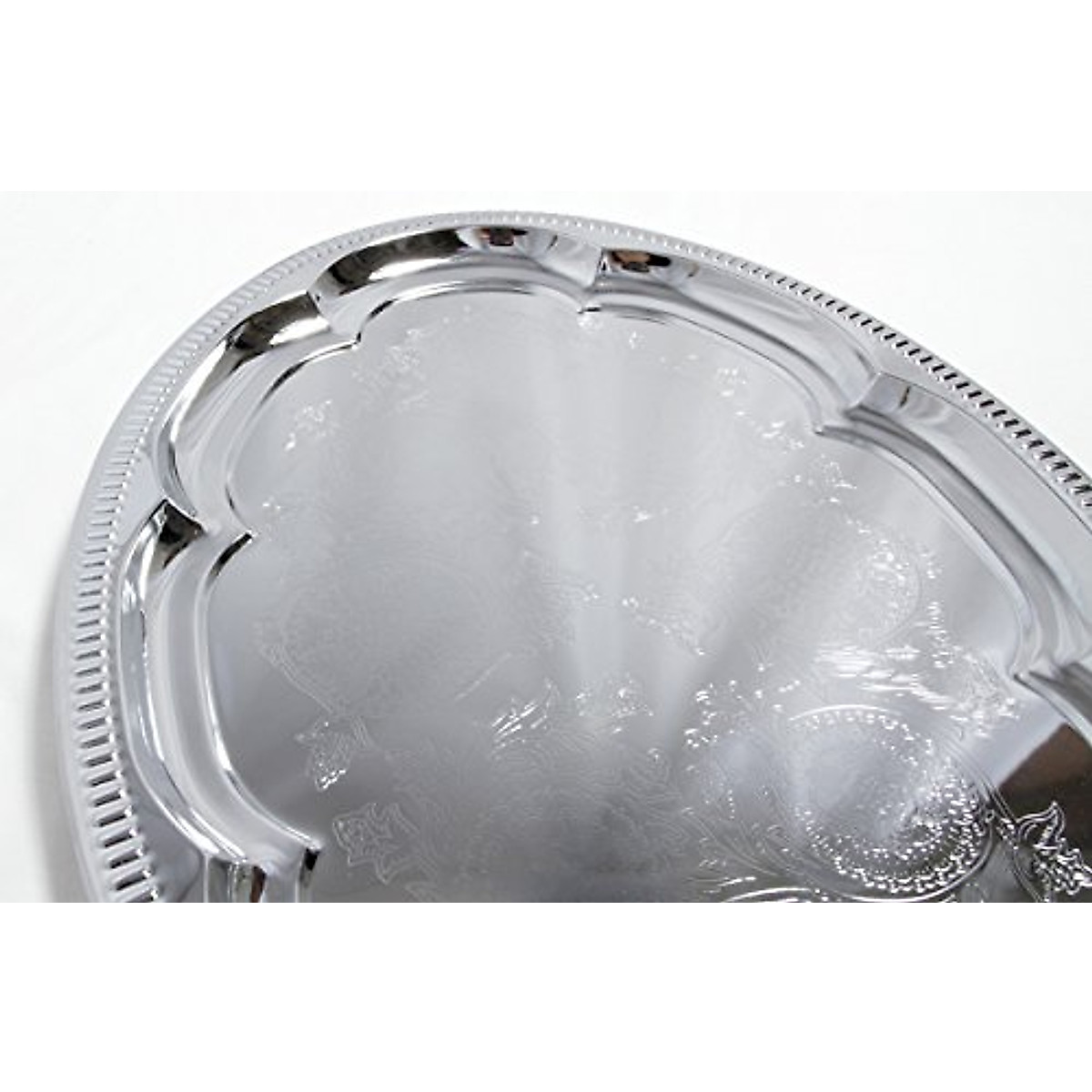 Maro Megastore (Pack of 4) 15.7 inch x 11.4 inch traditional oval flower pattern carving dining chrome plated dinner plate mirror plate plate plate metal tableware party Medium T225M-4PK