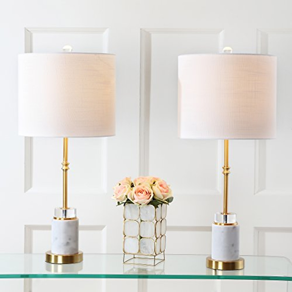 JONATHAN Y JYL5003A-SET2 Set of 2 Table Lamps Harper 27" Marble/Crystal LED Table Lamp Modern Contemporary Bedside Desk Nightstand Lamp for Bedroom Living Room, White/Brass Gold