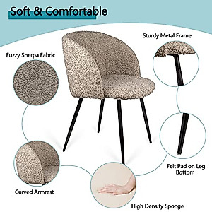Homtique Modern Dining Chairs Set of 2, Upholstered Sherpa Accent Chair, Leisure Chair with Armrest and Black Metal Legs, Comfy Side Chair Armchair for Kitchen Dining Living Room Vanity (Light Brown)