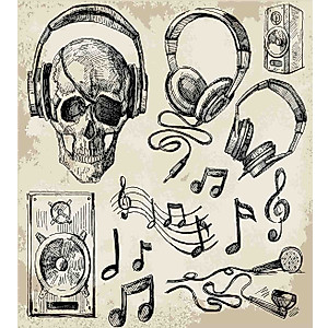 Ambesonne Music Duvet Cover Set, Sketchy Background Hipster Skull Headphones Record Player Mic Speakers Print, Decorative 3 Piece Bedding Set with 2 Pillow Shams, Queen Size, Beige Black