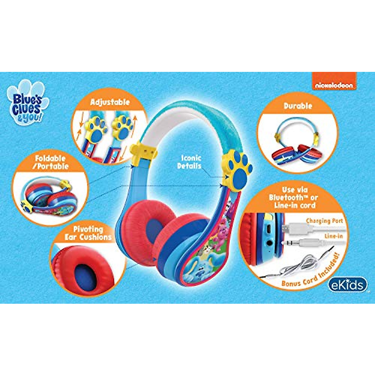 eKids Blues Clues Kids Bluetooth Headphones, Wireless Headphones with Microphone Includes Aux Cord, Volume Reduced Kids Foldable Headphones for School, Home, or Travel