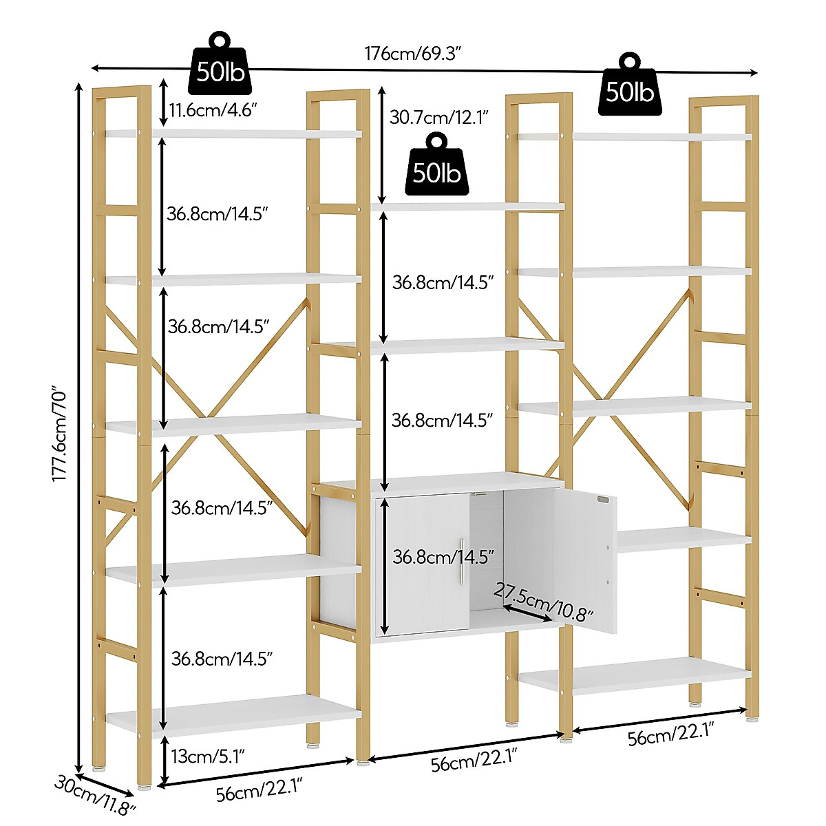 Yusong Bookshelf Triple Wide 5 Tier Bookcases with Storage Cabinet, Industrial Large Modern Tall Bookshelves with 12 Open Display Shelves for Living Room Office Bedroom, White Oak and Gold