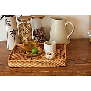 Rectangular Wicker Serving Tray-Set of 2- w/Inbuilt Handles-Handmade Woven Rattan Storage Basket-Decorative Coffee Tabletop Tray-Boho Flat Bathroom Organizer-(L- 15.4"x2.4" M- 13.7"x 2")