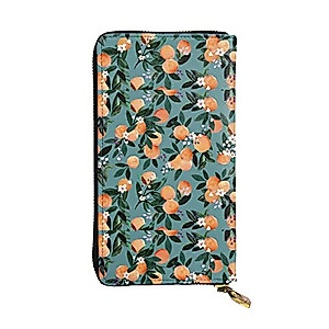 Leather Wallets for Women Man RFID Dear Clementine Oranges Teal Wallet Blocking Zip Wallet Credit Card Holder