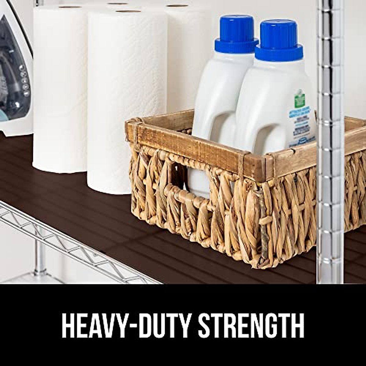 Gorilla Grip Wire Shelf Liners Set of 3 and Clothes Storage Bag Organizer Set of 2, Shelf Liner Size 14x24 in Brown, Waterproof Hard Plastic, Storage Bag Size 90L in Brown, Clear Window, 2 Item Bundle