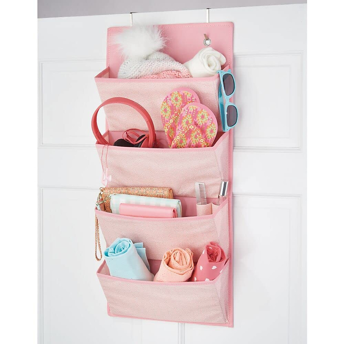 mDesign Soft Fabric Wall Mount/Over Door Hanging Storage Organizer - 4 Large Pockets for Child/Kids Room or Nursery, Hooks Included - Herringbone Print - Pink
