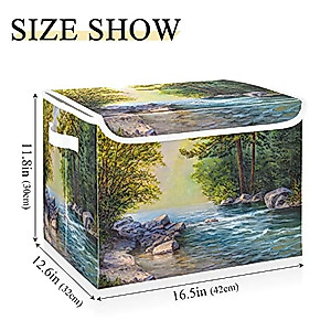 KEEPREAL Summer Forest Oil Painting Storage Basket Bin with lid, Large Cube Storage Box Collapsible Storage Organizer for Home Office Closet - 16.5 L x 12.6 W x 11.8 H