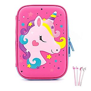 Pencil Case for Girls, 3D Cute EVA Unicorn Pen Pouch Stationery Box Anti-Shock Large Capacity Multi-Compartment for School with 4 unicorn pens