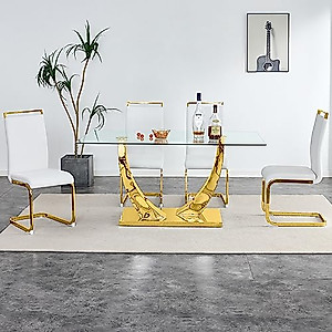63in Glass Dining Table for 6 with Steel Base, Rectangle Dining Room Table Kitchen Table with Golden U-Shape Bracket, Luxury Dining Table for 4 or 6, Dinner Table for Living Room Banquet Hall