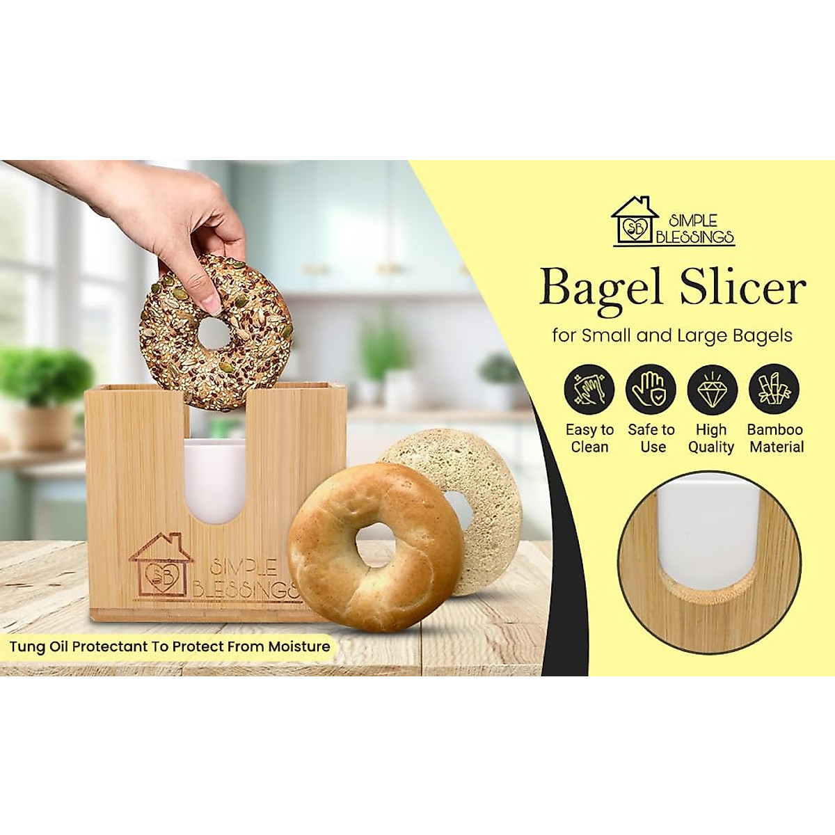 Bagel Slicer for Small and Large Bagels - Bamboo Bread Slicer w/Two Plastic Inserts & Non-Slip Silicone Pad - Adjustable Bagel Cutter Slicer - Moisture Resistant & Thick Base Bagel Holder for Slicing