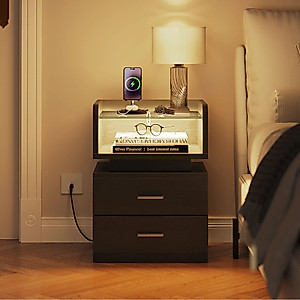YITAHOME LED Nightstand with Charging Station, Night Stand with Glass Top, Modern Bedside Tables with 2 Drawers for Bedroom, End Side Table with USB Ports and Outlets, Set of 2, Black