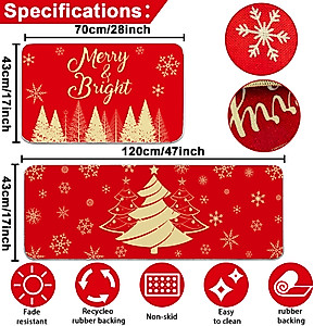 Merry Christmas Kitchen Rugs Set of 2 Red Farmhouse Decorative Rubber Backing Xmas Winter Holiday Floor Mat Anti-slip Merry & Bright Decorations for Indoor Outdoor Home Kitchen 17x28 and 17x47 Inch