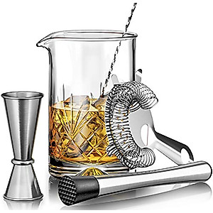 MOFADO Crystal Cocktail Mixing Glass Set - 5 Piece - 18oz 550ml Thick Bottom Crystal Mixing Glass, Spoon, Jigger, Strainer & Muddler - Professional Quality - Makes a Great Gift 