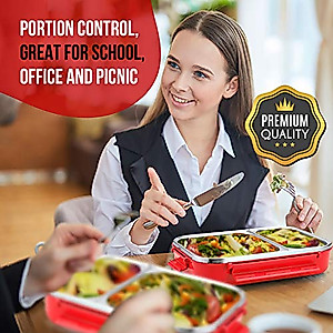 Signoraware Stainless Steel Bento Lunch Box | 20-Ounce Eco Friendly Portion Control Lunchbox Containers | 2-Compartment Metal Food Pail With Cover That Prevents Leaks & Spills (Red)