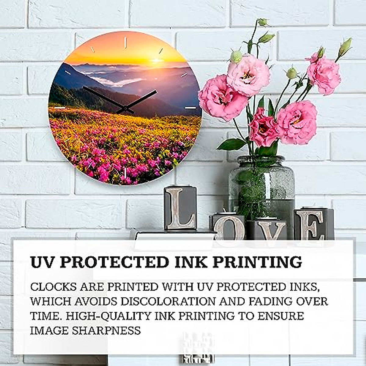 Soul Décor Pink Flower Field Wall Clock, Silent Non-Ticking, Battery Operated Kitchen Clock, Aluminum Composite Face, Suitable for Offices, Bedrooms, and Bathrooms 12 Inch Round