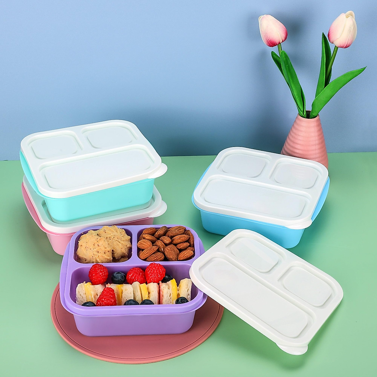 4 Pack Bento Box For Kids, 3 Compartments Bento Snack Box Meal Prep Containers For Adults, Lunchable Container for Kids, Reusable Food Storage Containers Snack Containers for School, Work, Travel