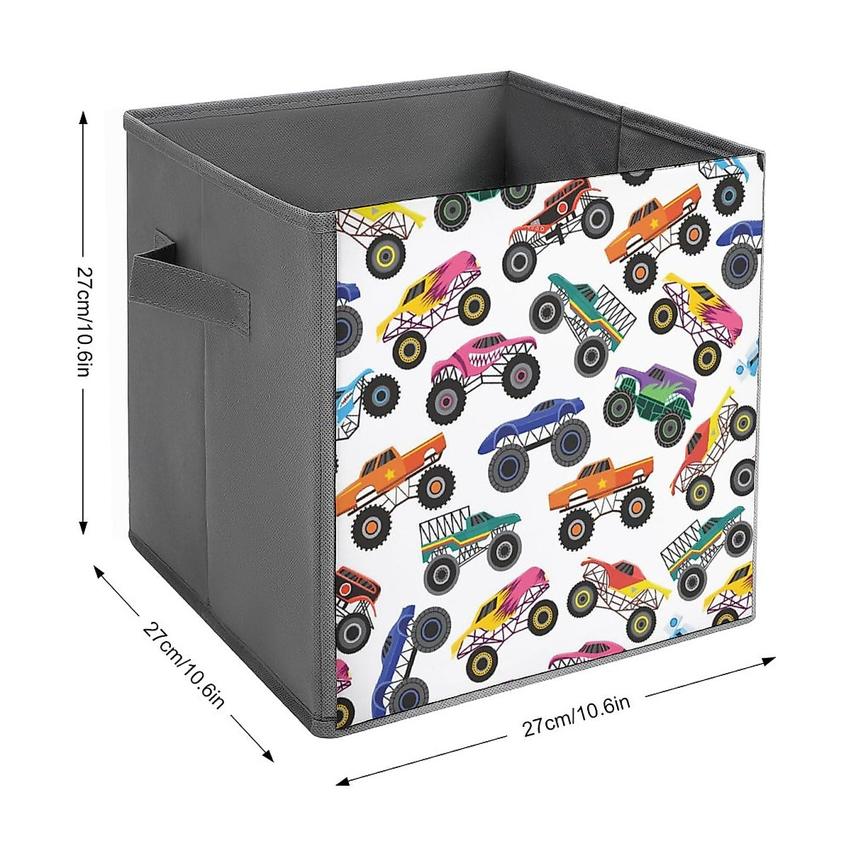 DamTma Storage Cubes Color Monster Trucks 11 Inch Cube Storage Bin with Handles Cartoon Car Fabric Collapsible Cube Baskets for Shelf Toys Clothing Books