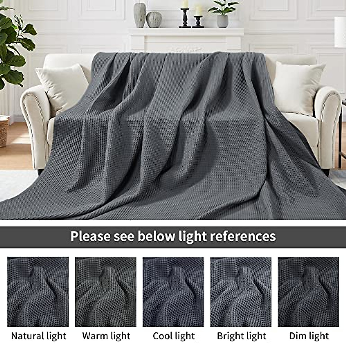 HOMBYS Cotton Waffle Blanket Oversized King 120x128 in, Huge Breathable Waffle Weave Family Blanket for All Season, Large Grey 10x10 Lightweight Throw Blankets for Couch, Bed, Sofa