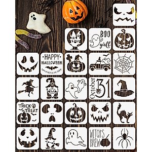 RINOLY 24 PCS Small Halloween Stencils for Painting on Wood, 3x3 inch Halloween Pumpkin Stencils Reusable for DIY Ornaments Halloween Decoration