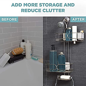 Zenna Home Rustproof 4-Way Adjustable Hanging Over-The-Shower Caddy, with Inverted Bottle Storage, Soap Dish, Razor Hooks and Storage Cup, Stainless Steel
