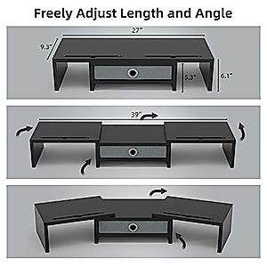 ORLALAR Dual Computer Monitor Stand with Drawer, Office Supplies Desktop Organizer Stand 3 Shelf Monitor Riser with Adjustable Length and Angle, Home Office Desk Accessories, Black