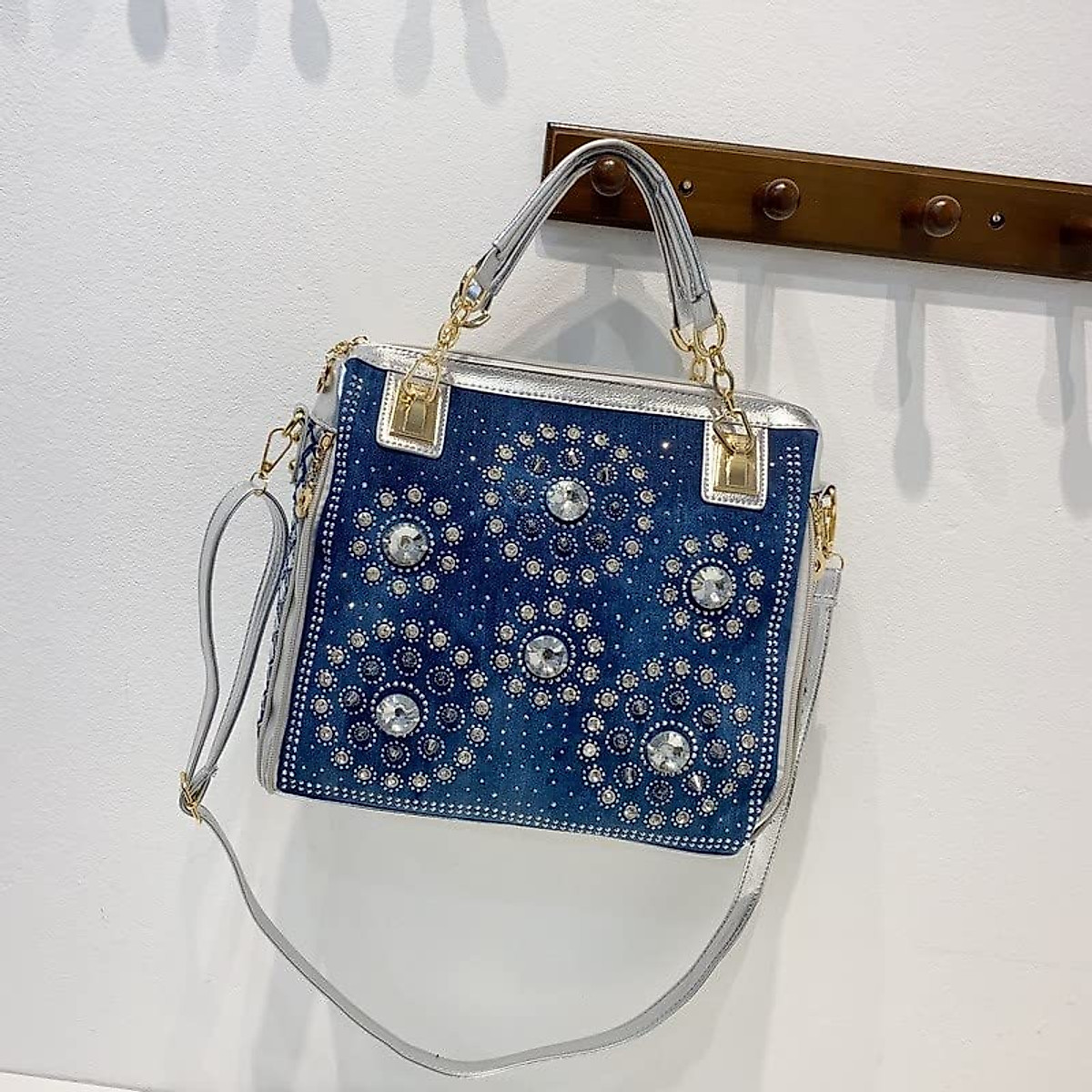 Denim Women Shoulder Bag Crystal Rhinestone Purse Handbag Jeans Crossbody Bag Ladies Tote Bag (silver)