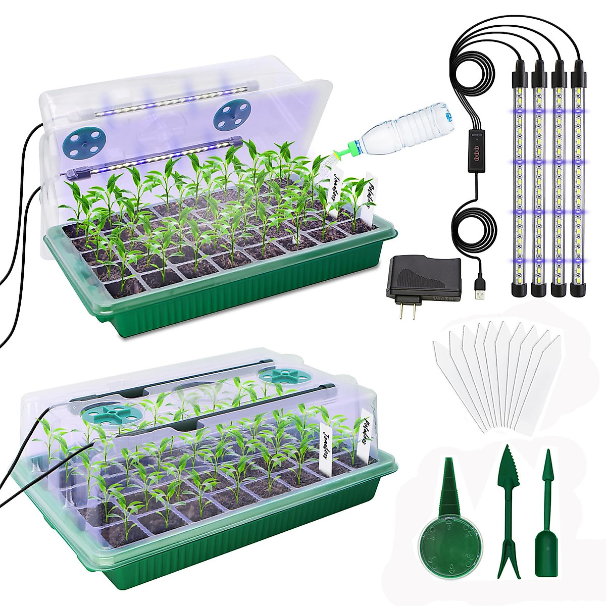 MQUPIN Seed Starter Tray with Grow Light 4 LED, 2 Pack/80 Cells Adjustable Brightness Seed Starter Kit,Seedling Starter Kit with Dome and Base for Greenhouse Seeds Growing Starting(Green)