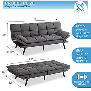 MUUEGM Futon Sofa Bed Couch Sofa, Memory Foam Futon Sleeper Sofa Loveseat Convertible Couch Bed for Small Compact Spaces, Apartment, Dark Grey.