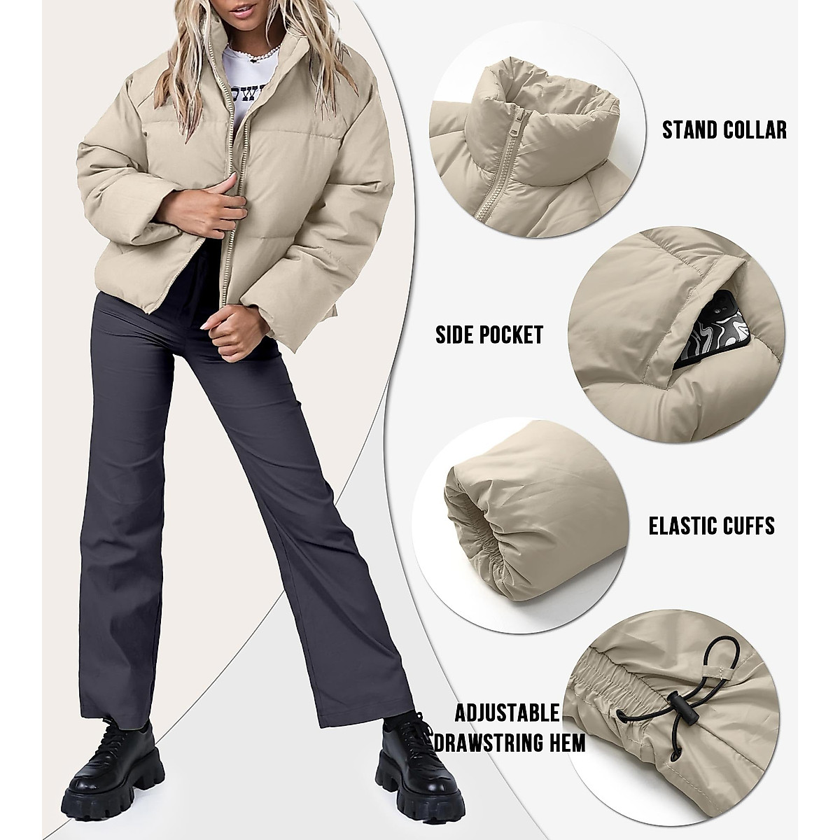 URMOSS Women's 2024 Winter Cropped Puffer Jacket Long Sleeve Stand Collar Oversize Lightweight Zip Up Short Down Coat with Pockets(Khaki,M)