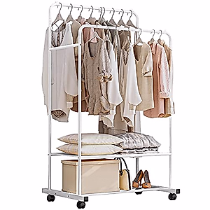 ZZBIQS 2-Tiers Rolling Garment Rack with Shelves, Clothing Rack on Wheels, Heavy Duty Coat Rack, Double Hanging Rails & Lockable Wheels, 31" L x 20" W x 53" H, Max Load 170LBS, White