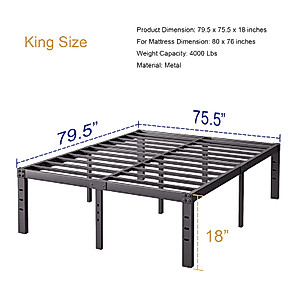 Bednowitz King Size Bed Frame, 18 Inch High Metal Bed Frame, Noise-Free Platform Bed No Box Spring Needed, 4000lbs Heavy Duty Support Mattress Foundation, Easy Assembly, Black