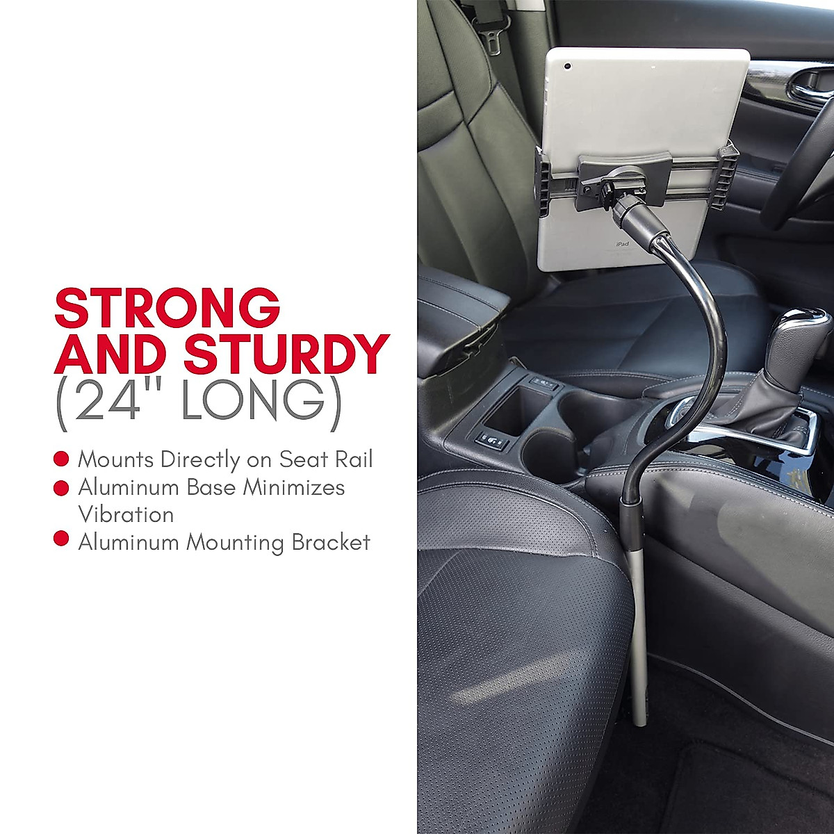 Macally Car Seat Rail Mount - Super Secure Tablet Mount for Car and Floor Mount Phone Holder - Adjustable Gooseneck iPad Mount for Truck and Any Vehicle - Works with All iPad, iPhone, Tablets