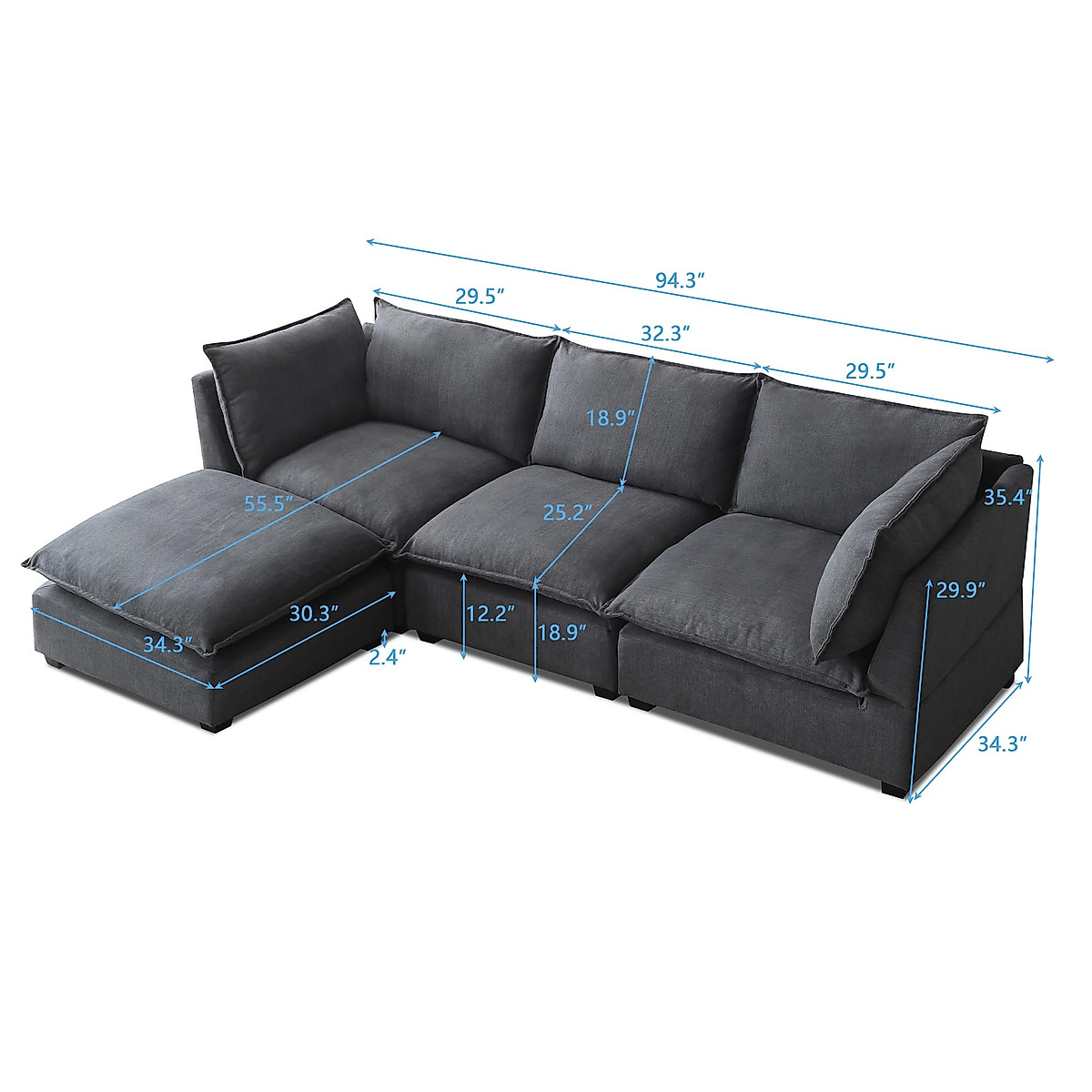 GNIXUU Cloud Modular Sectional Sofa, Convertible Large L-Shape Feather Filled Comfort Sectional Sofa with Ottoman, Linen Deep 4 Seat Couches for Living Room. Washable Cover, Gray