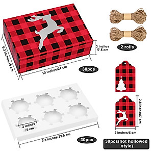 Ruisita 30 Pack Christmas Cupcake Boxes Plaid Red Black Paper Cupcake Carriers Bakery Box with Inserts and Window Cake Carrier Container Cookie Gift Boxes 6 Holders for Dessert, Pastries, Cake, Muffin