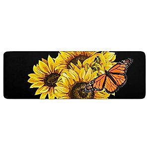 Indoor Door Mat,Summer Yellow Sunflower Butterfly Soft Non-Slip Absorbent Kitchen Rug,Watercolor Floral Plant on Black Floor Mat Entrance Rugs for Bedroom Living Room 18x30In
