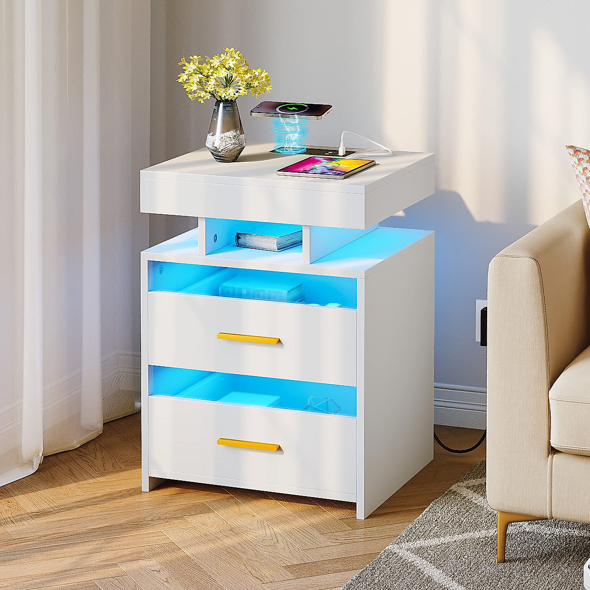 YITAHOME LED Nightstand with Wireless Charging Station, USB & Type-C Ports, Smart Night Stands with 2 Drawers for Bedroom, Modern Bedside Tables with Embedded LED Light Strip, Human Body Induction