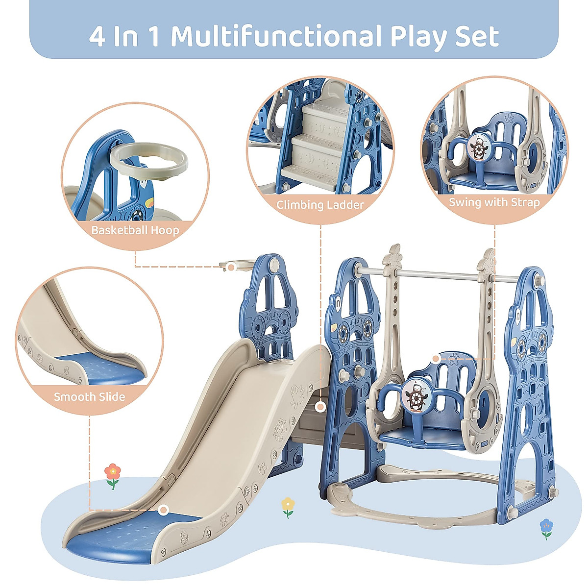 4 in 1 Toddler Slide and Swing Set, Kid Slide for Toddlers Age 1-2, Baby Slide with Basketball Hoop, Indoor Outdoor Slide Toddler Playset Toddler Playground– Blue