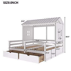 BIADNBZ Twin Size Double Platform Beds with Storage Drawers, Roof and Window, Wooden House-Shaped-Bed for Kids/Boys/Girls Bedroom, Dorm, White