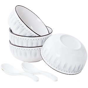 Binvertaocier 6 Inch Ceramic Cereal Bowls Set of 4, 25 Ounce Soup Bowls and Spoons Set for 4,Bowls for Noodle Ramen Dessert Salad Dishwasher & Microwave Safe Gifts for Housewarming